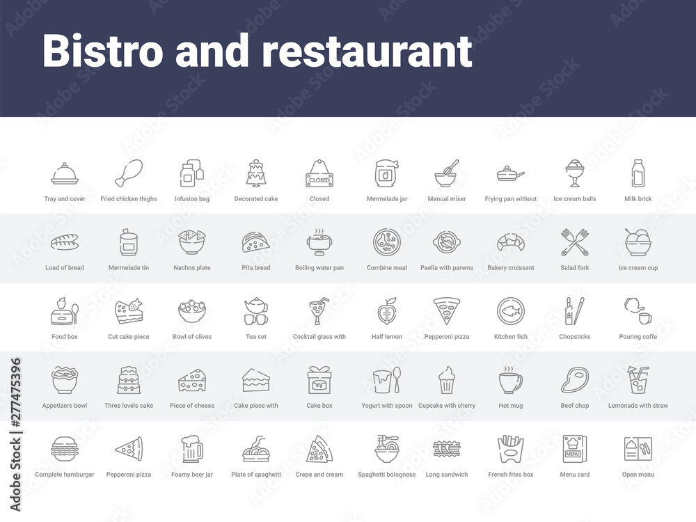 50 bistro and restaurant set icons such as open menu, menu card, french ...