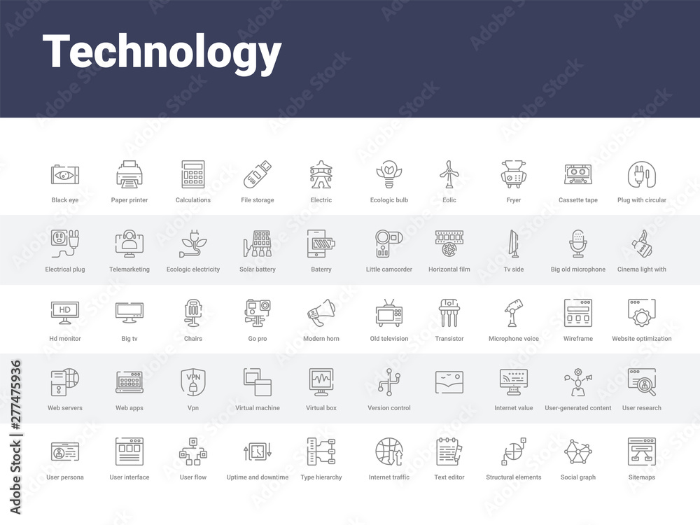 50 technology set icons such as sitemaps, social graph, structural ...