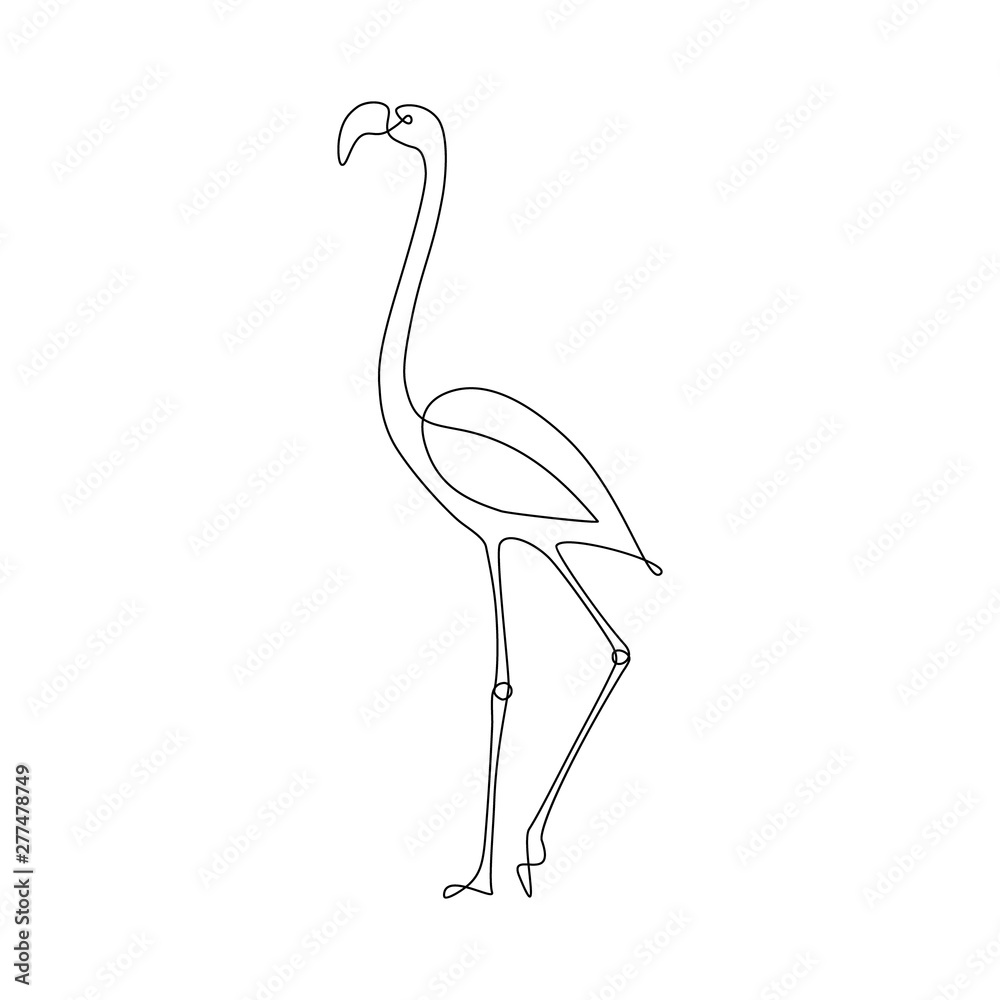 Flamingo bird in one line art drawing style. Black line sketch on white ...