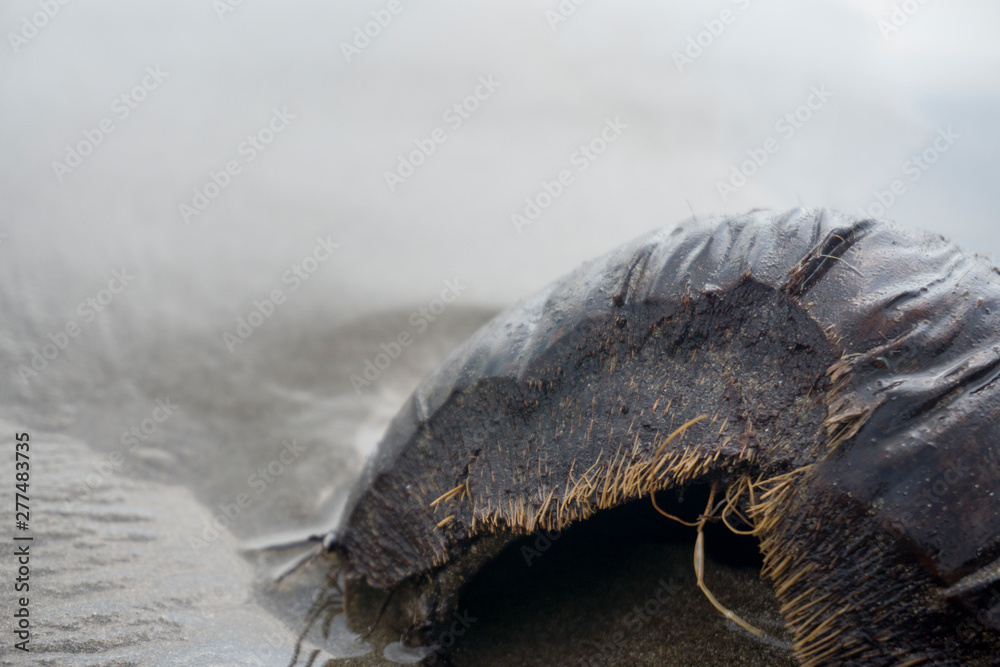 Spilled garbage on the beach of a big city. Empty used dirty plastic ...