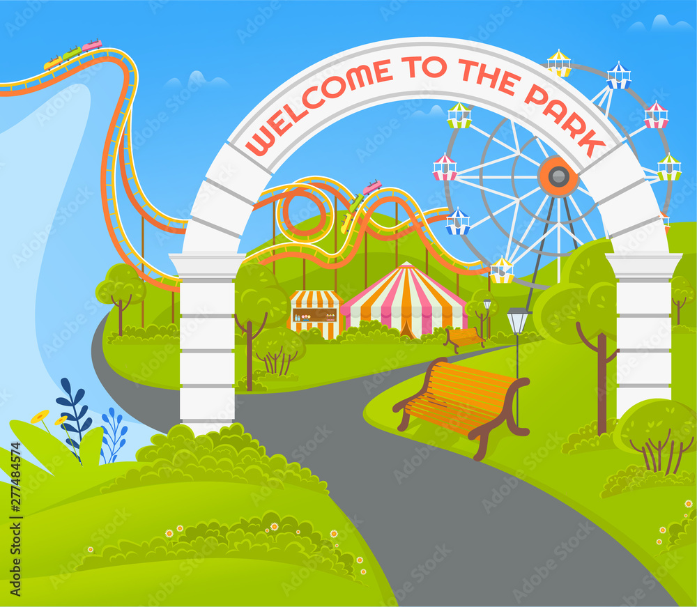 Empty amusement park with no people vector, path and wooden bench ...