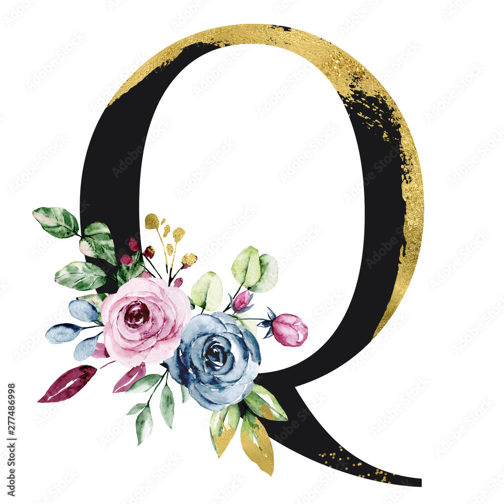 Floral gold alphabet, letter q with watercolor flowers and leaves ...