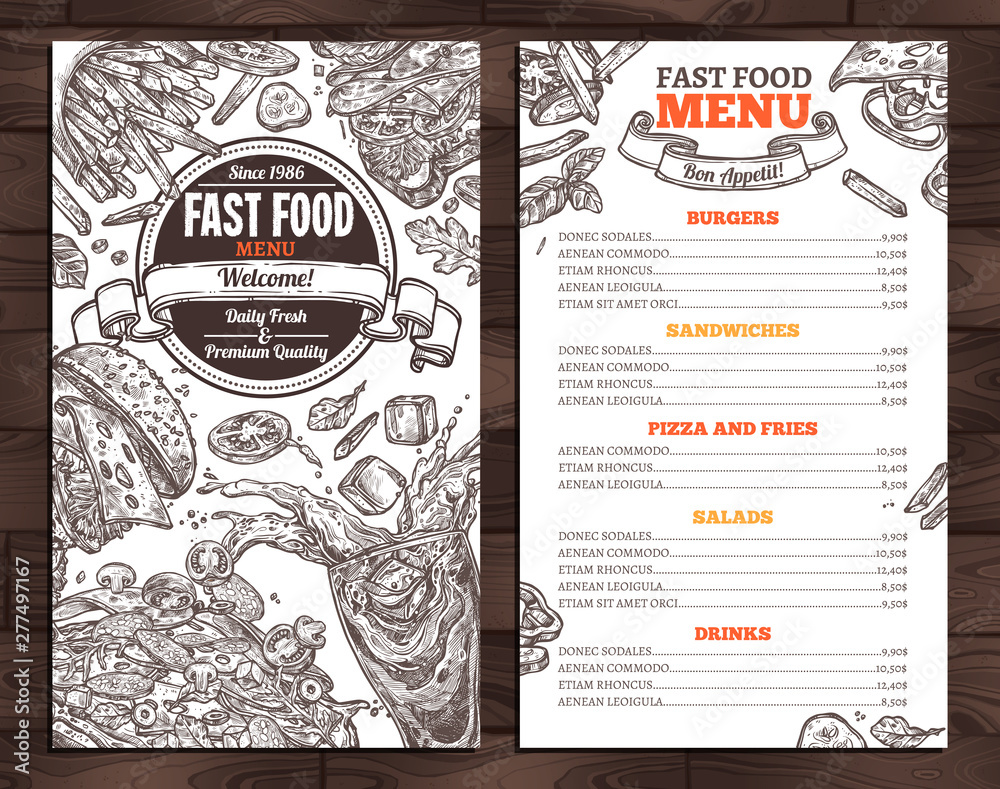 Fast food vector menu template in sketch style. Monochrome design for ...