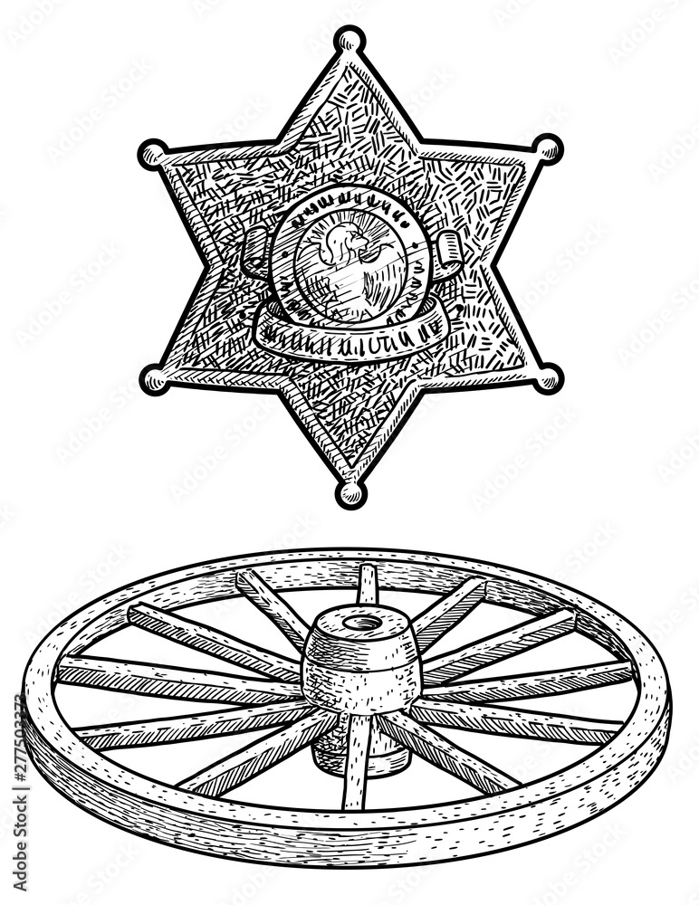 Sheriff badge and cart wheel illustration, drawing, engraving, ink ...
