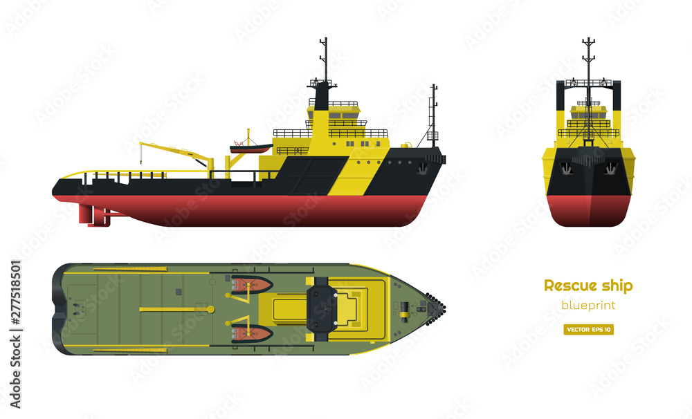 Rescue ship on white background. Top, side and front view. Industry ...