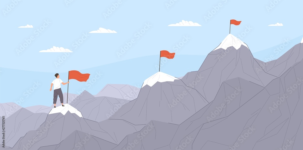 Office worker climbing up mountains or cliffs and moving to final ...