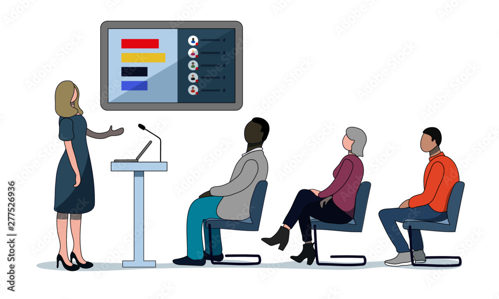 Businesswoman presenting to a meeting with remote attendees joining by ...