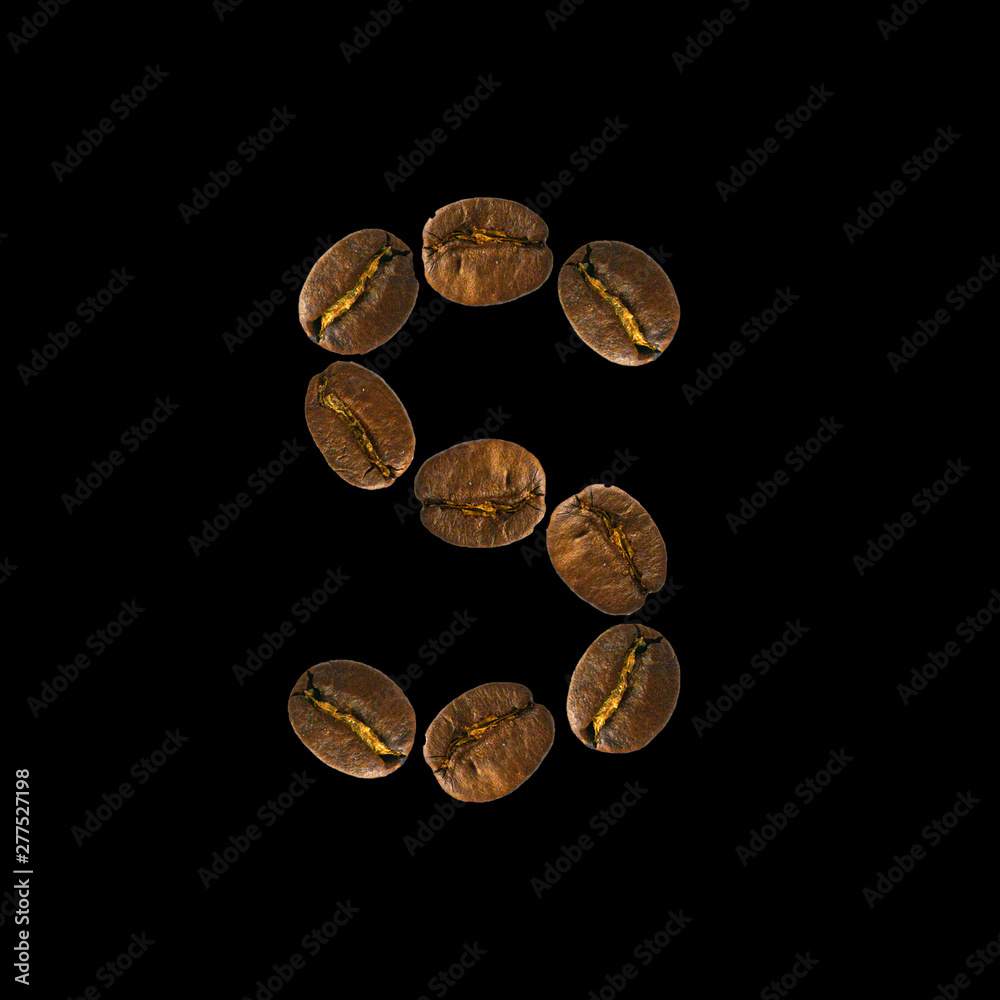 Coffee font alphabet concept isolated on white background. Top view ...