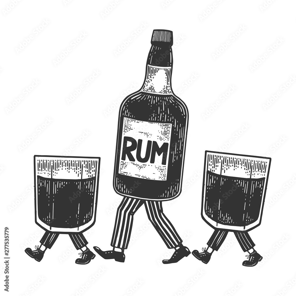 Rum alcohol bottle with ice and glasses walks on its feet sketch ...
