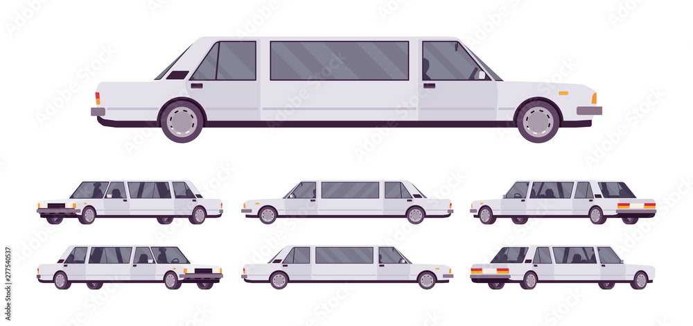 Limousine large, luxurious car set. White expensive limo, classic ...