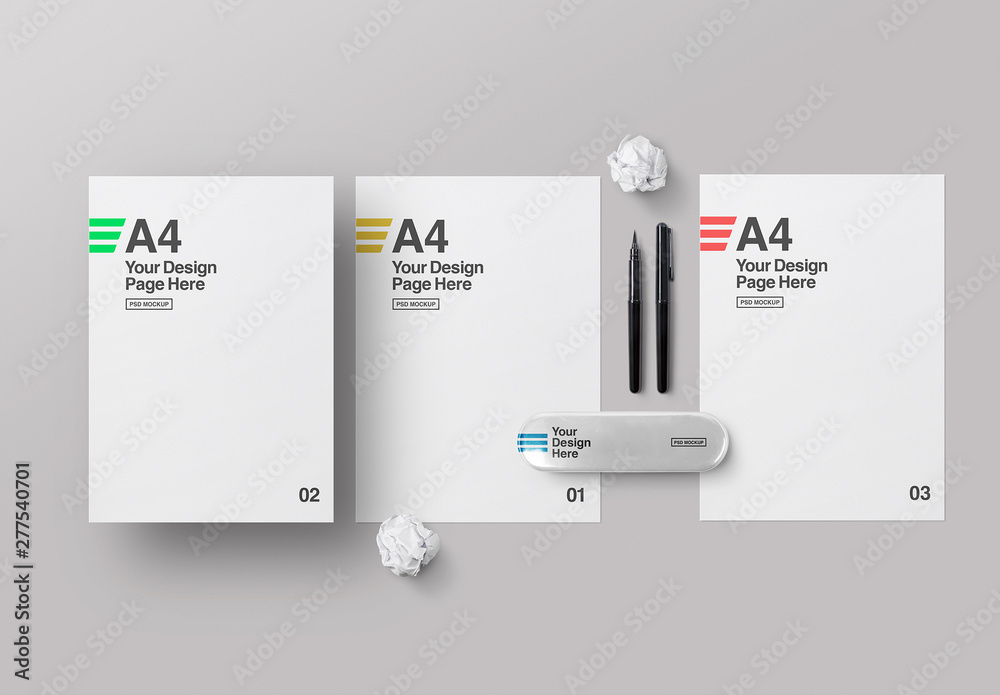 Top View Desk Set with Paper Mockups Stock Template | Adobe Stock