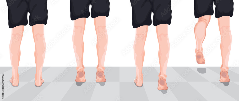 The legs of the men stand back and tiptoes in a cartoon style. Stock ...