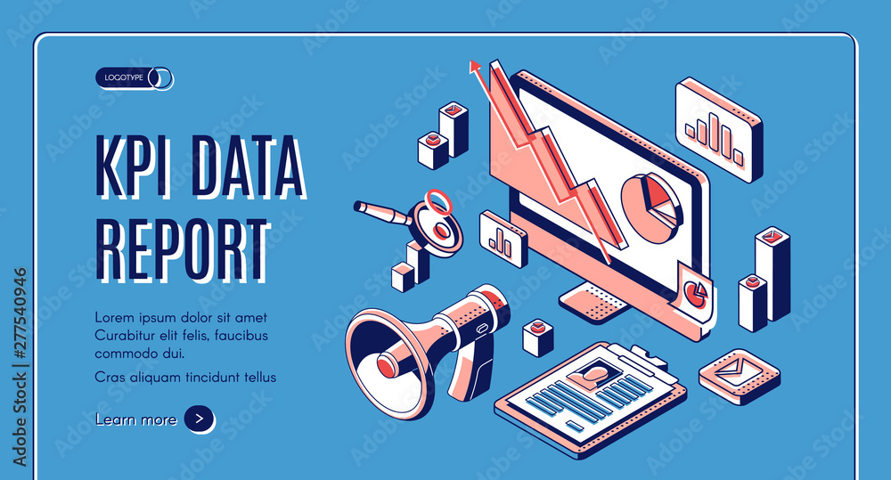 KPI data report isometric landing page, key performance indicators ...