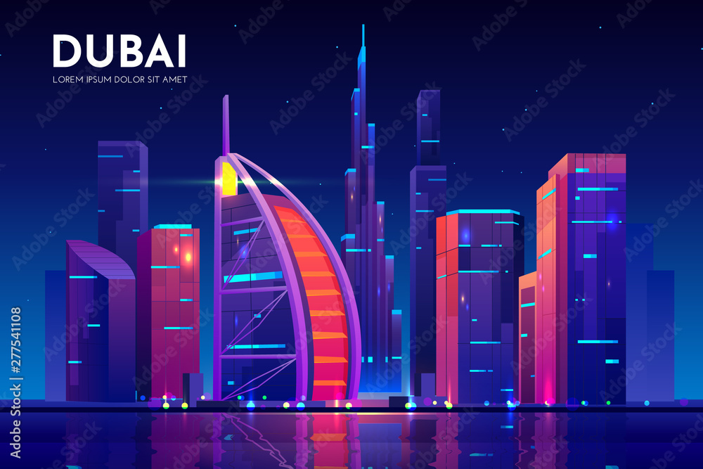 Dubai city with hotel tower skyline, neon illumination. UAE night ...