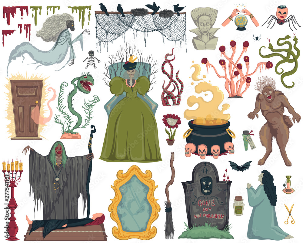 Halloween design elements set. Scary characters, ghosts, grave, witch ...