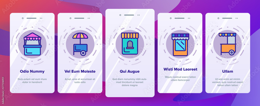 Kiosk, Market Stalls Types Vector Onboarding Mobile App Page Screen ...