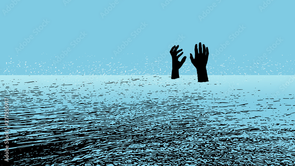 Illustration of two hands of a person drowning in the sea and reaching ...