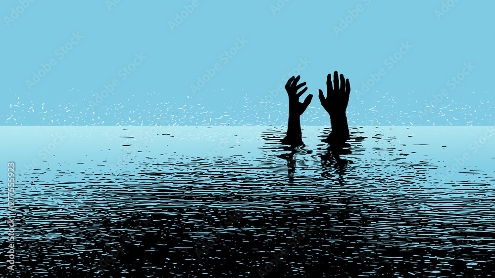 Flood. Illustration of two hands of a person drowning in the sea and ...