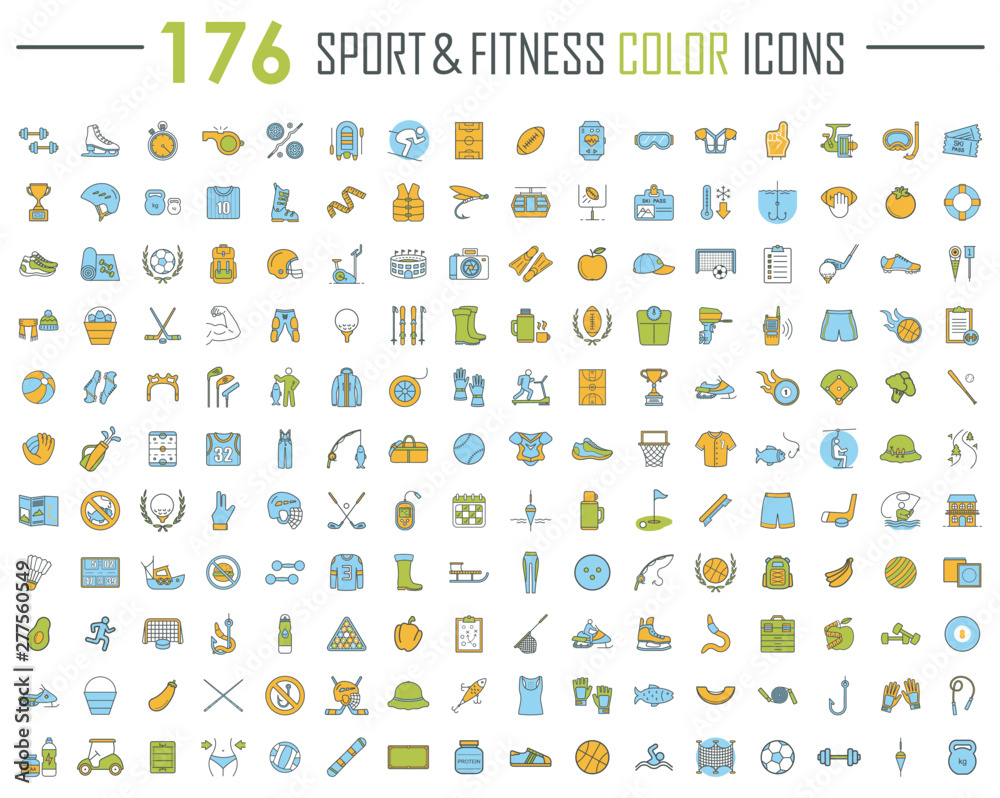 Sport and fitness color icons big set. Healthy lifestyle and nutrition ...