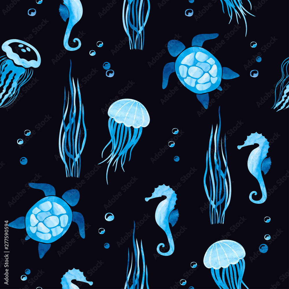 Seamless vector sea pattern with watercolor animals. Underwater life ...