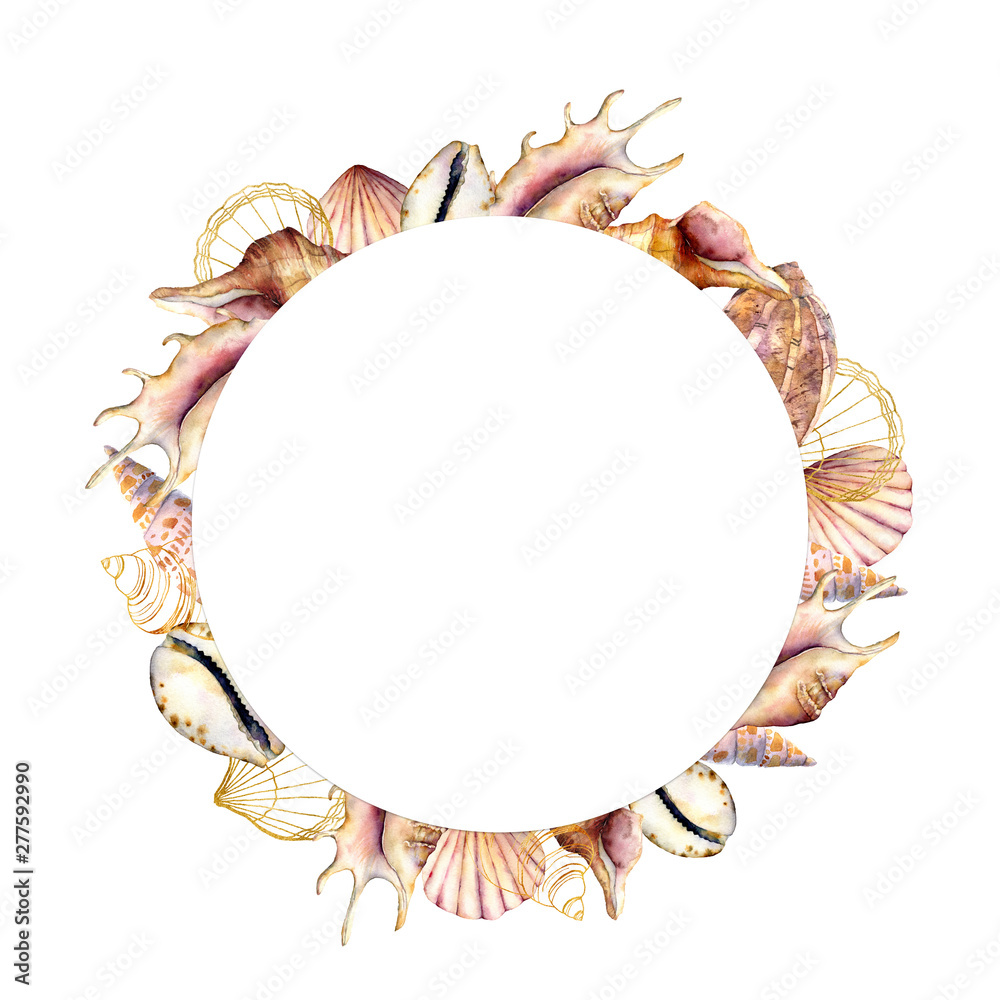 Watercolor circle frame with golden shells. Hand painted sea shells ...