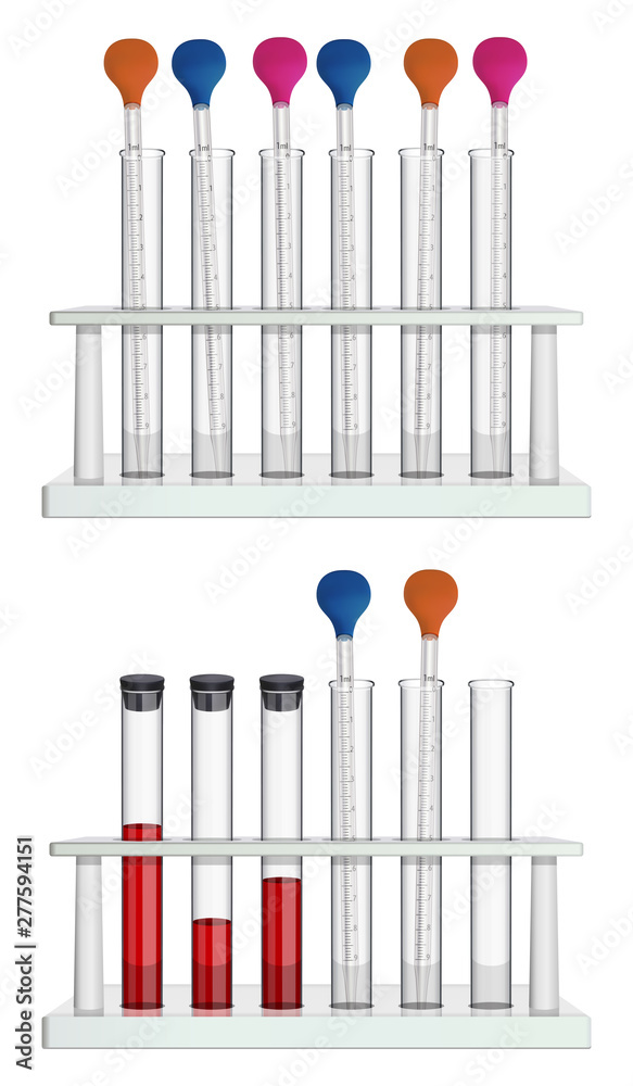 Set of empty tubes with measuring laboratory pipettes and test tubes ...