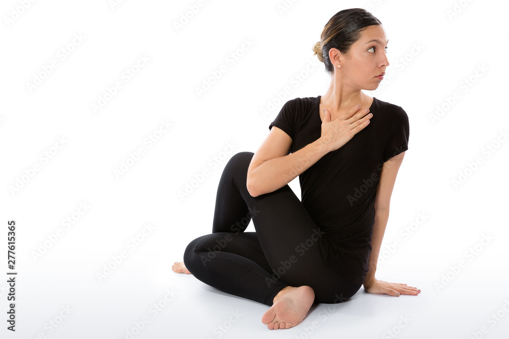 Ardha matsyendrasana pose (Half spinal twist yoga pose). Yoga poses ...