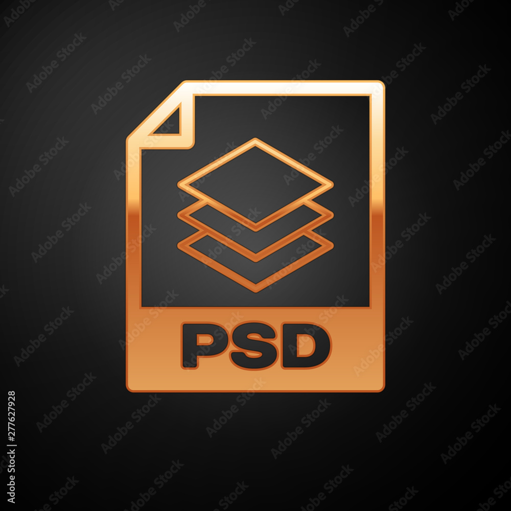 Gold PSD file document icon. Download psd button icon isolated on black ...