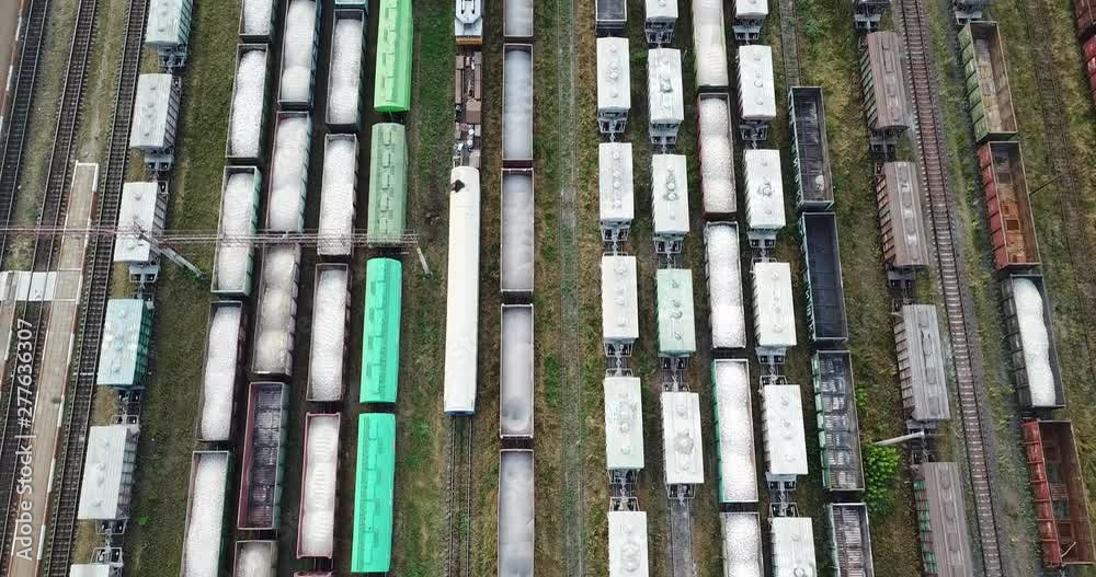 Vídeo do Stock: Cargo trains close-up. Aerial view of colorful freight ...
