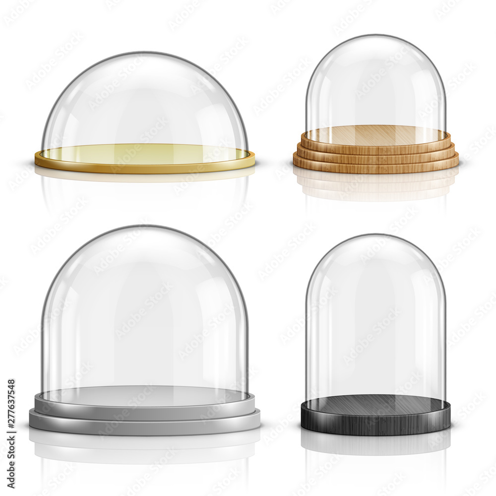 Glass dome and wooden and plastic tray realistic vector. Glass round ...