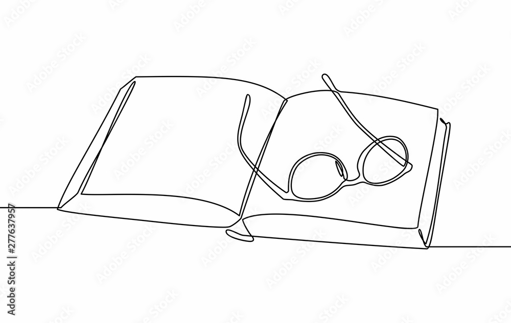 Continuous line drawing of a glasses are placed on top of the book ...