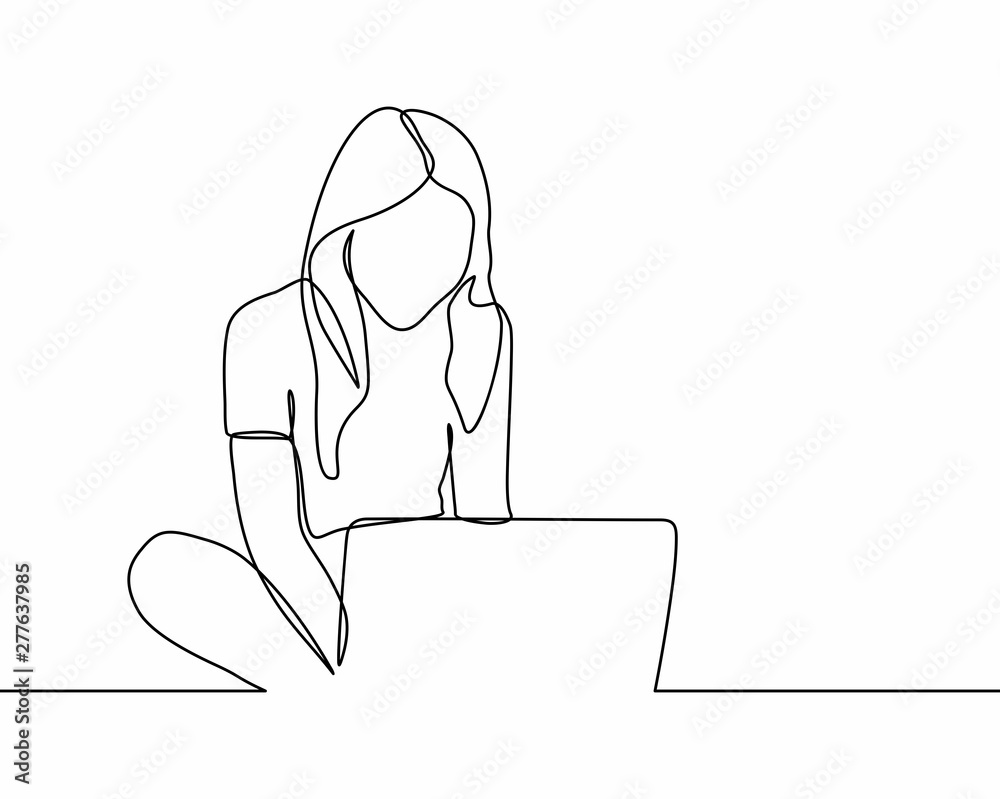 continuous line drawing of woman is playing a laptop. Teen browsing a ...