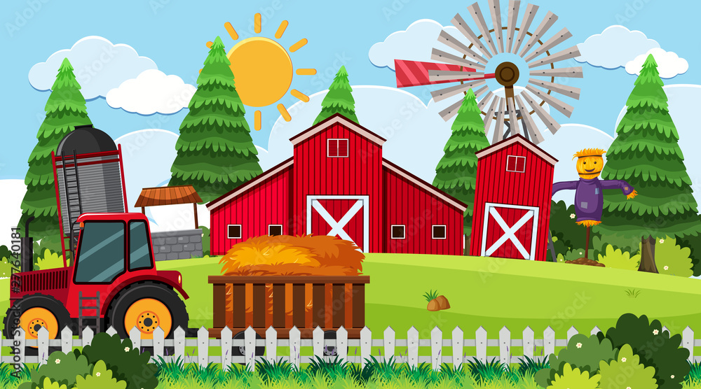 Tractor on farm scene Stock Vector | Adobe Stock