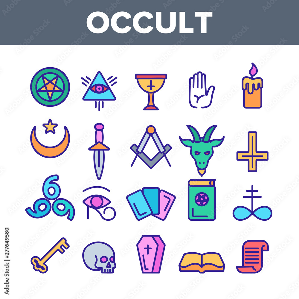 Occult, Demonic Entity Imagery Vector Linear Icons Set. Satanic Rituals ...