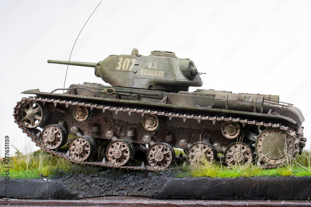 Soviet medium tank KV-1C, destroys enemy guns on the battlefield. Kursk ...