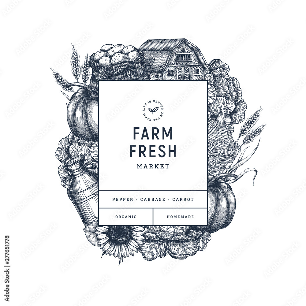 Farm fresh products design template. Vintage style organic vegetables ...