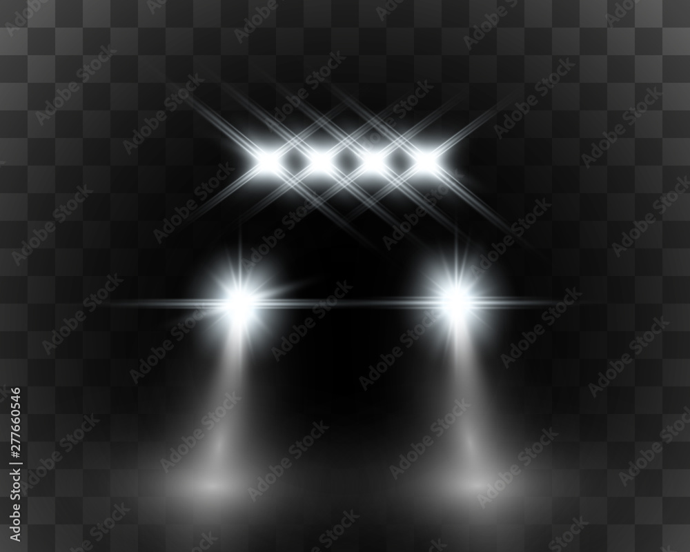 Realistic white glow round beams of car headlights, isolated on ...