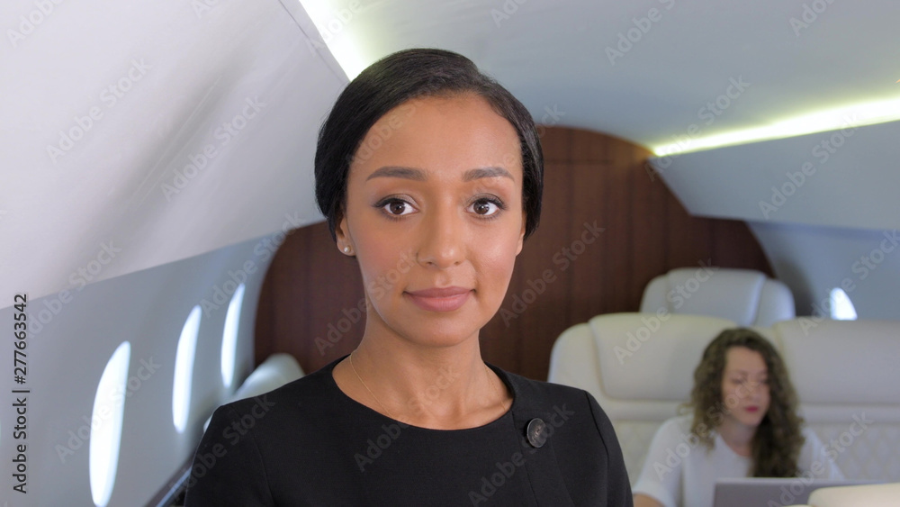 Stewardess portrait in private jet. Female biracial flight attendant ...