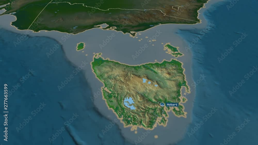Tasmania - state of Australia with its capital zoomed on the physical ...