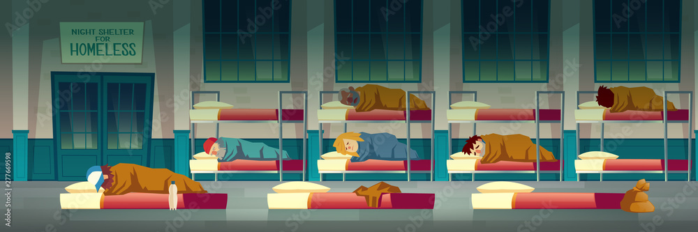 Night shelter for homeless people cartoon vector concept with poor ...