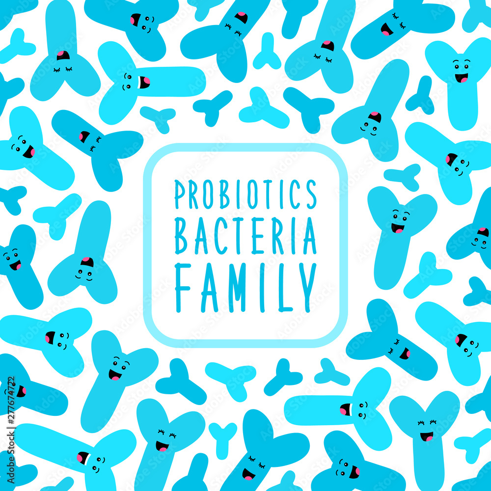 Funny probiotics bacteria family background isolated on white, gut and ...