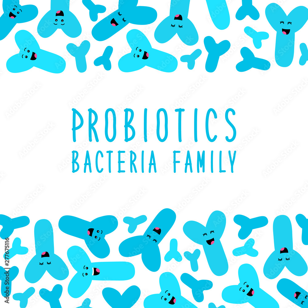 Funny probiotics bacteria family background isolated on white, gut and ...