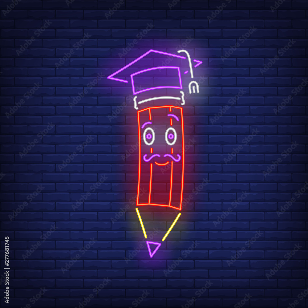 Pencil cartoon character wearing graduation cap neon sign. Stationery ...