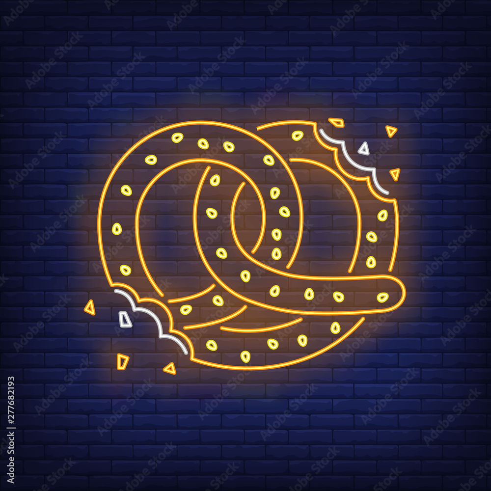 Bitten salty pretzel neon sign. Oktoberfest, appetizer, food design ...