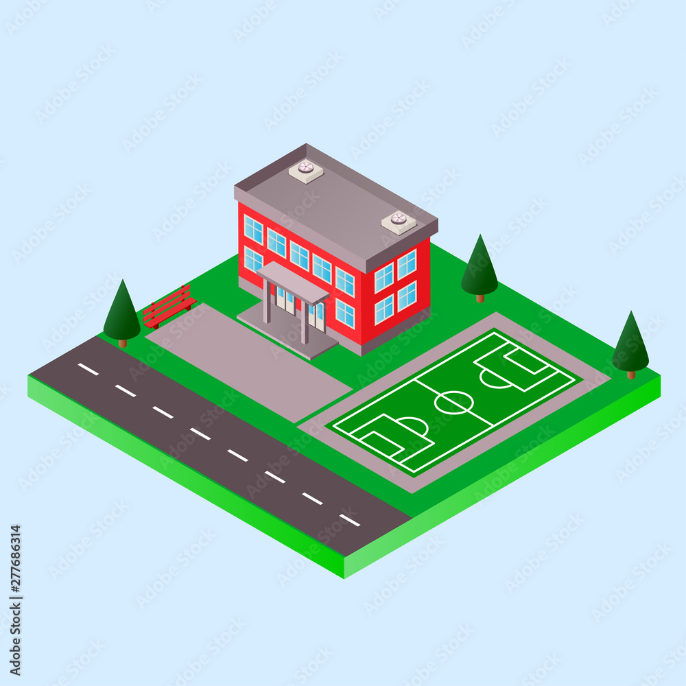 vector school building in isometric and football field Stock Vector ...