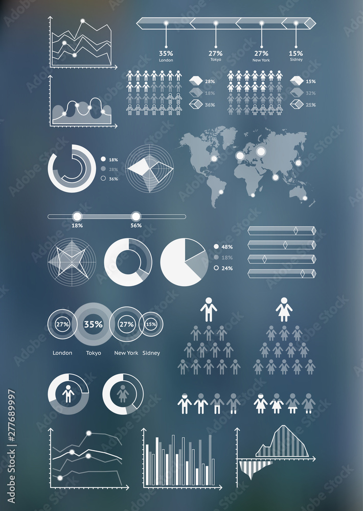 World map infographicwith unfocused background and icons set. Vector ...