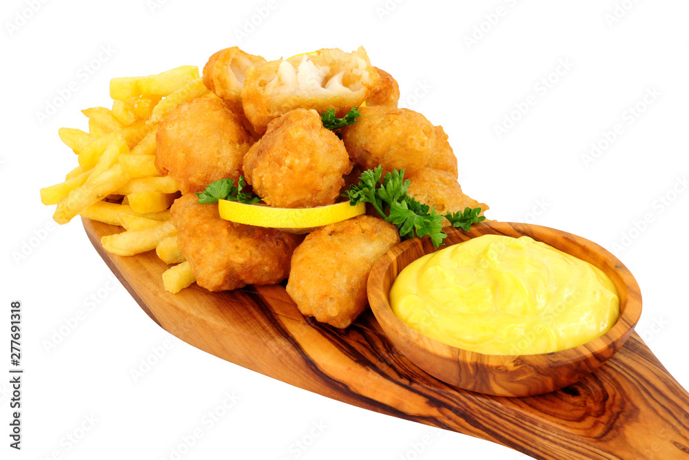 Battered cod nugget bites with potato French Fries and mayonnaise dip ...