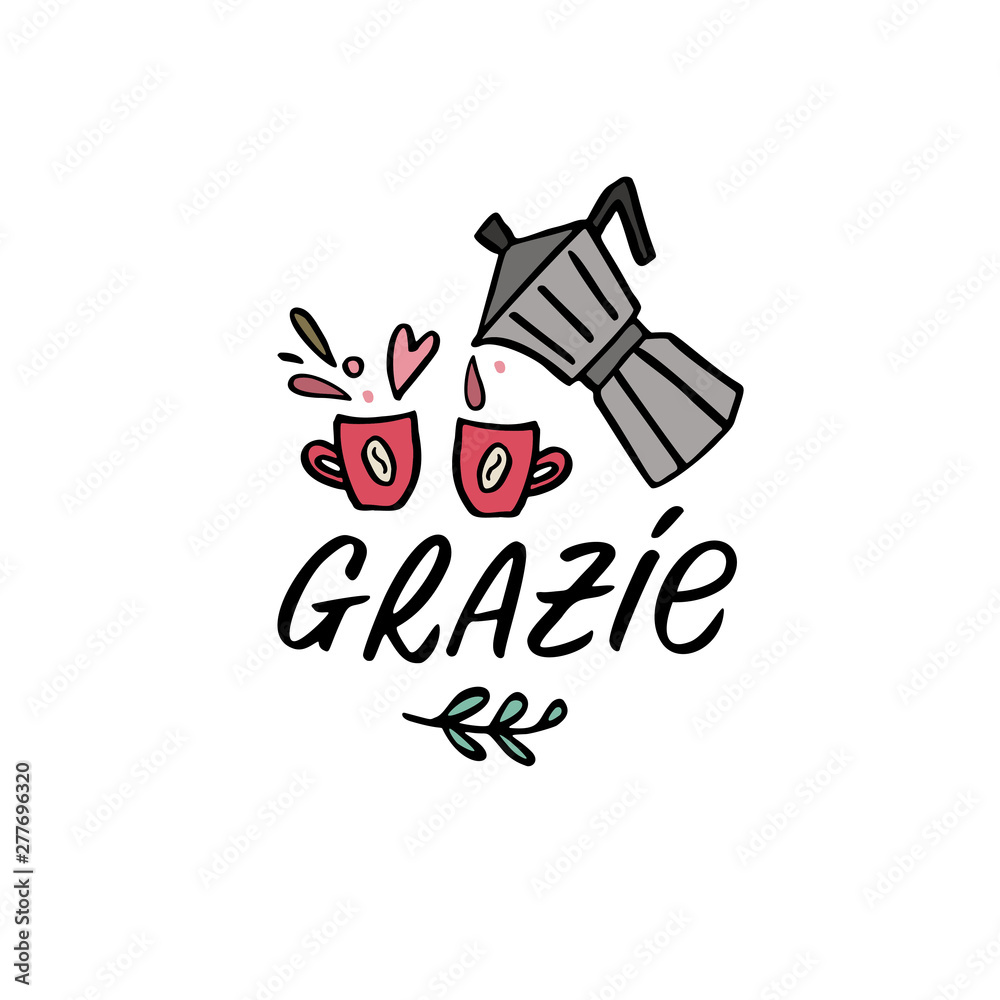 Vetor de Grazie handwritten italian word with cute hand drawn espresso ...