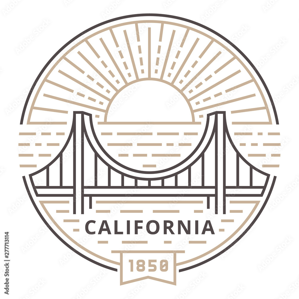 Linear Golden Gate Bridge in San Francisco against the sun as an emblem ...