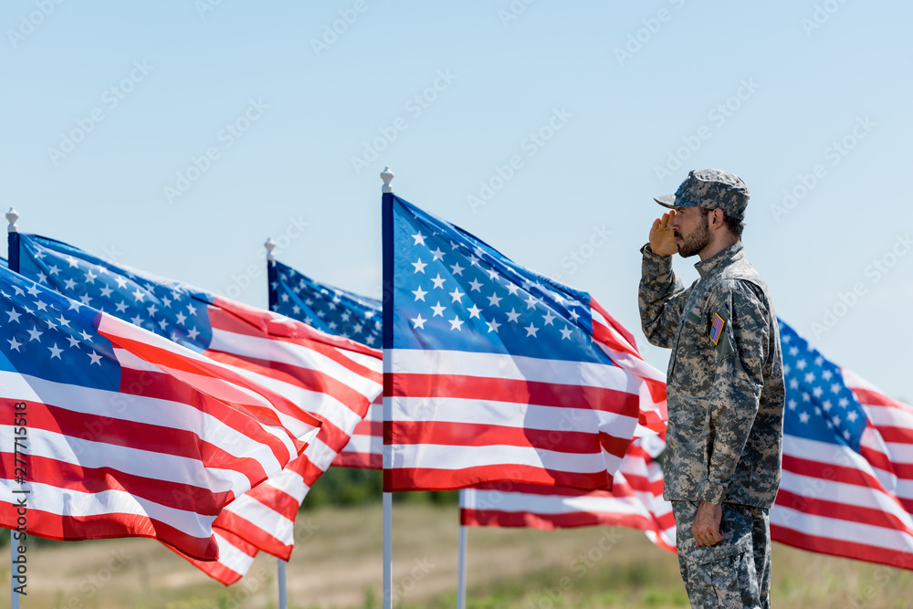 Man in military uniform and cap standing and giving salute near ...